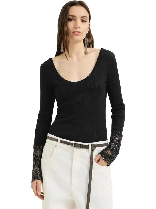 Brunello Cucinelli Ribbed Wool Jersey Sweater With Embroidered Lace Cuffs - Anthracite