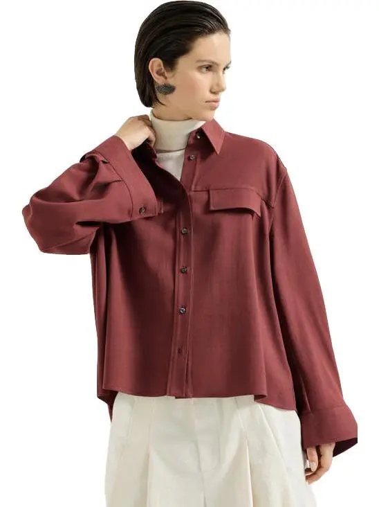 Brunello Cucinelli Virgin Wool Fluid Twill Cropped Shirt - Wine