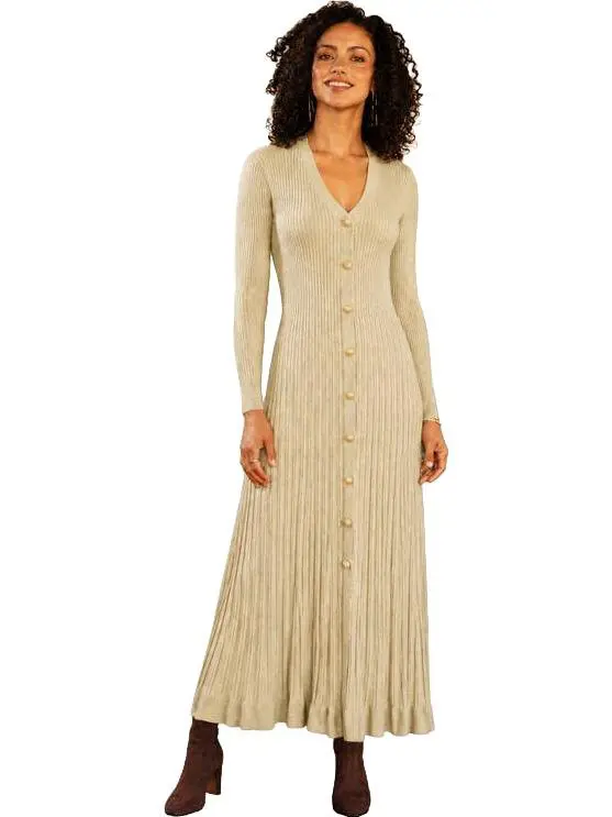 YUMI Button-front Ribbed Knit Midi Dress - Beige
