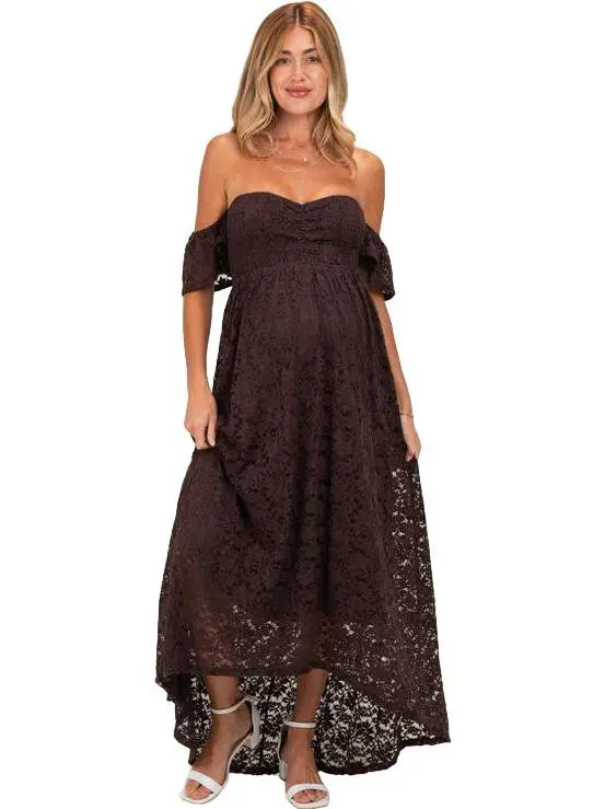 PINKBLUSH Lace Off-the-shoulder High-low Maternity Maxi Dress - Brown