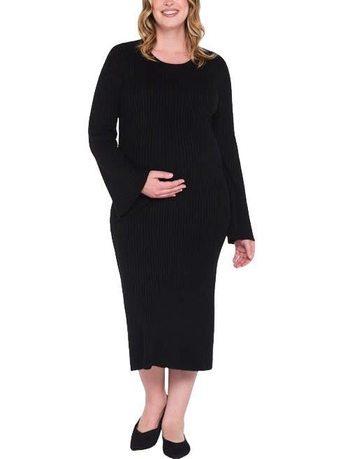 Motherhood Maternity Striped Long Flared Sleeve Sweater Midi Dress - Black