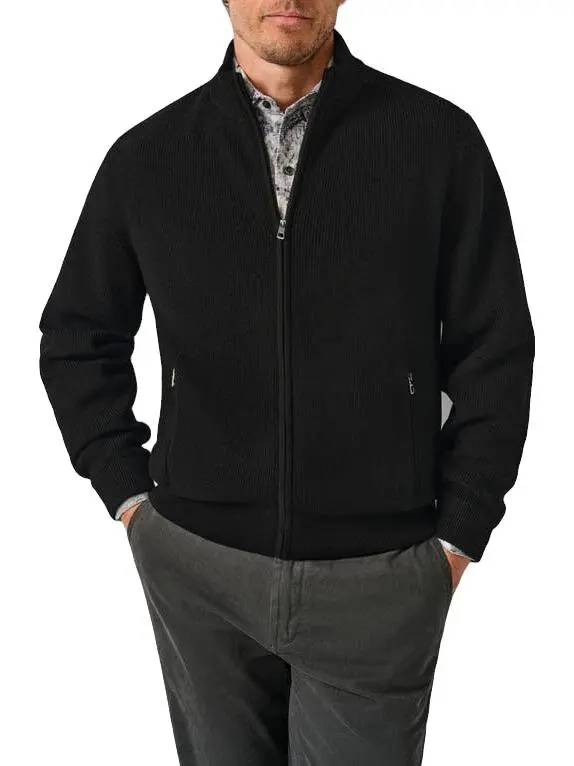 David Donahue Aviator Merino Wool Zip-up Sweater Jacket - Black