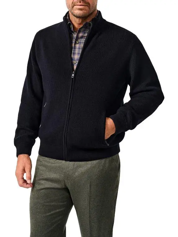 David Donahue Aviator Merino Wool Zip-up Sweater Jacket - Navy