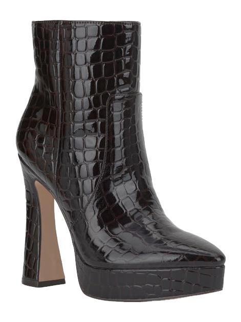 Jessica Simpson Nerix Croc Embossed Platform Bootie With High Flared Heel And Side Zip - Dark Brown