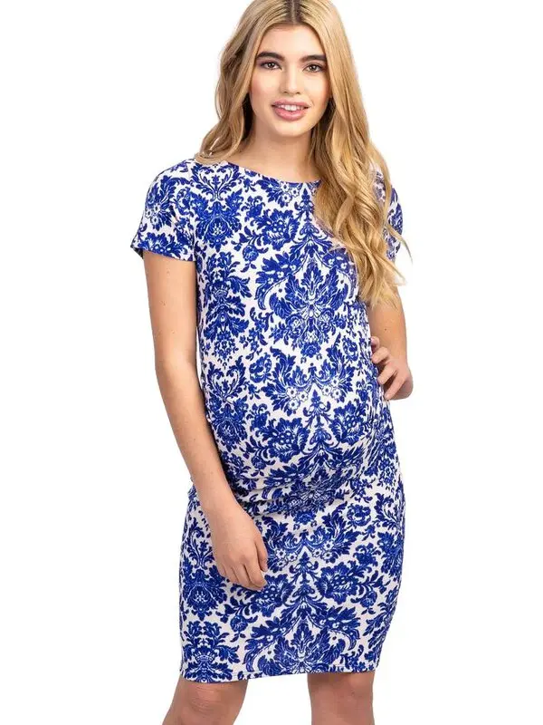 PINKBLUSH Printed Short Sleeve Fitted Maternity Dress - Blue