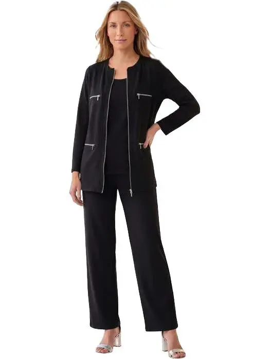 Roaman's French Terry Zip Front Wide Leg Pant Set - Black