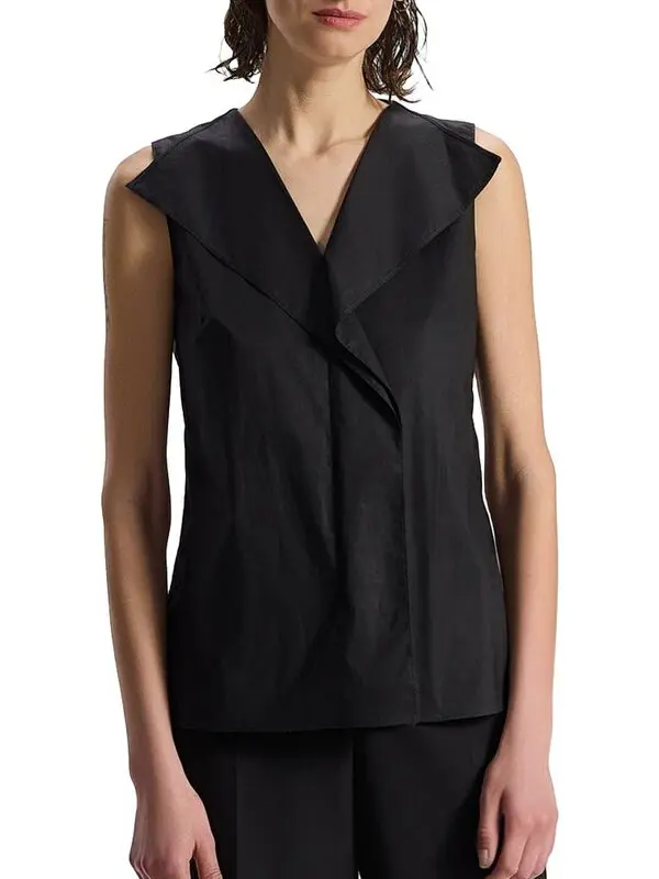 Ronen Chen Sleeveless Collared Cotton Top With Asymmetrical Detail - Black