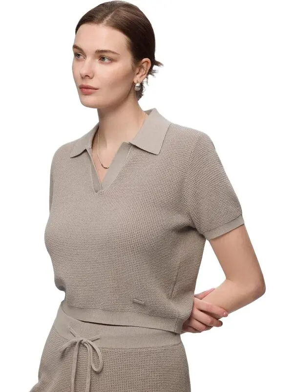 JUANA Noa Open Knit Polo Top - Light Gray