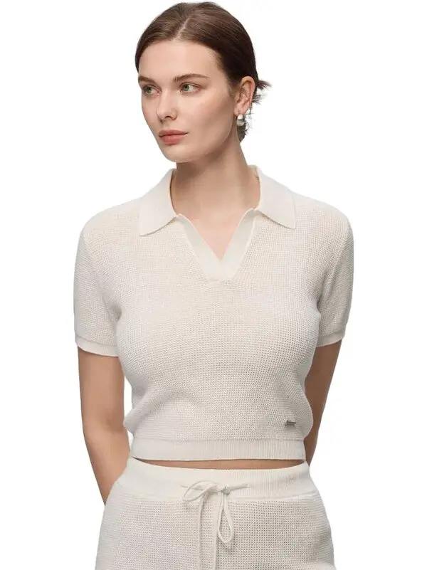 JUANA Noa Open Knit Polo Top - White
