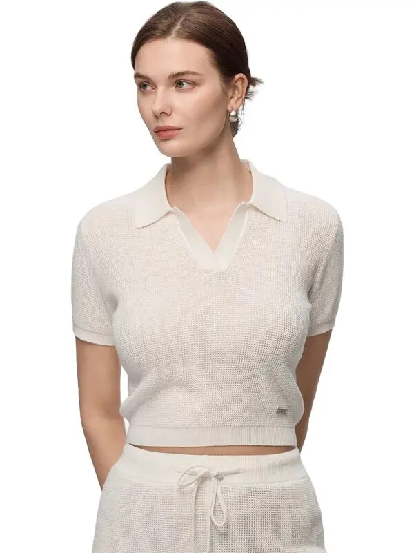 JUANA Noa Open Knit Polo Top - White