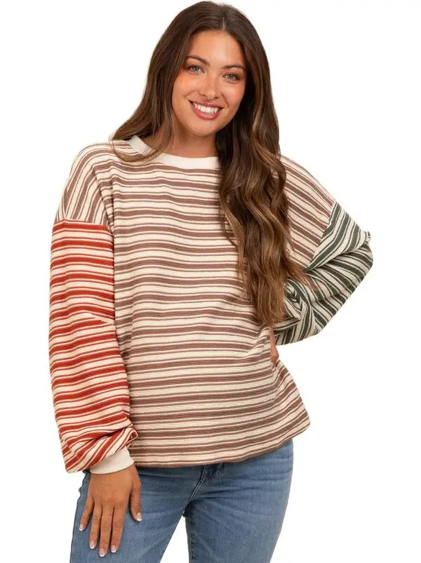 PINKBLUSH Striped Colorblock Bubble Sleeve Maternity Top - Brown