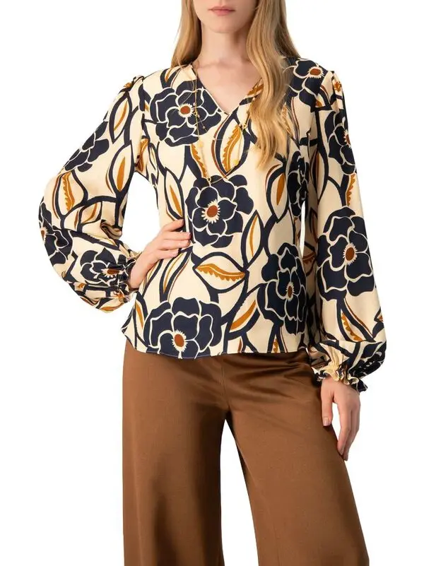 IVONNE Floral Print Bishop Sleeve Blouse - Ivory