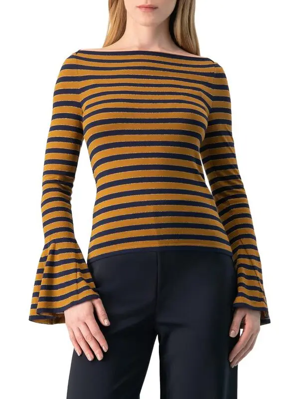 IVONNE Boat-neck Bell-sleeve Striped Blouse - Camel