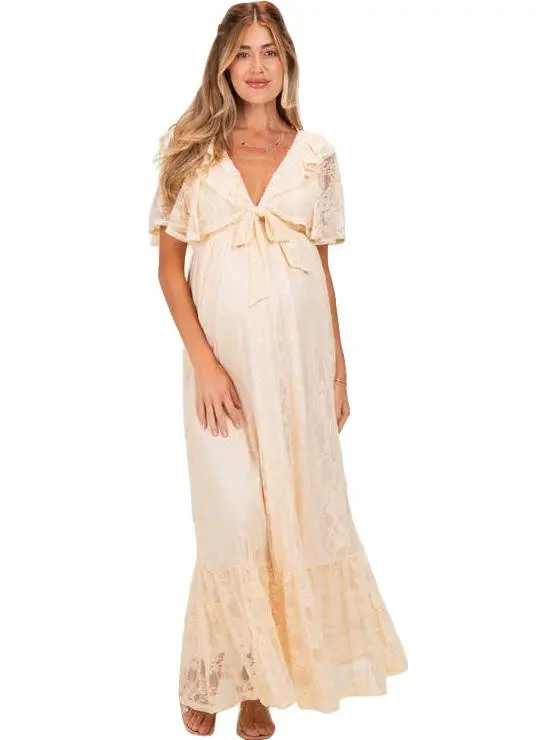 PINKBLUSH Lace Flutter Sleeve Tiered Maxi Dress - Beige