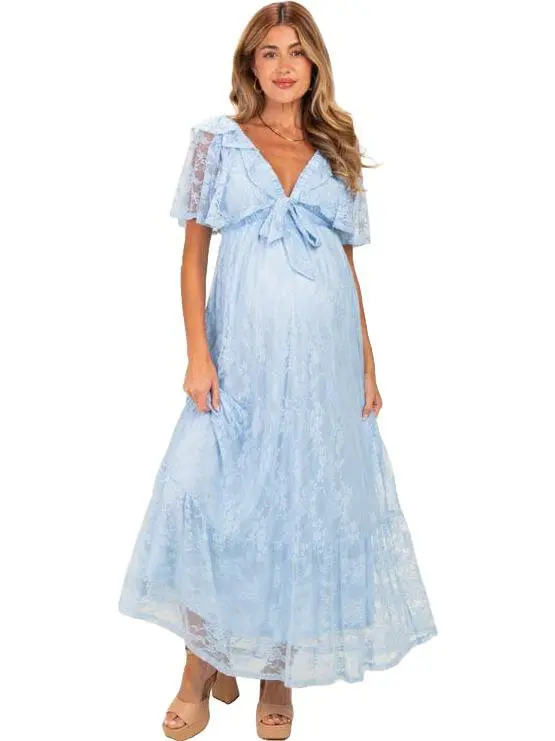 PINKBLUSH Lace Flutter Sleeve Tiered Maxi Dress - Blue