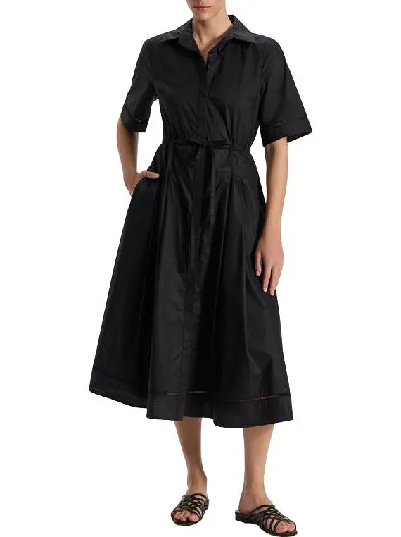 Ronen Chen Collared Short Sleeve Midi Shirt Dress With Tie Waist - Black