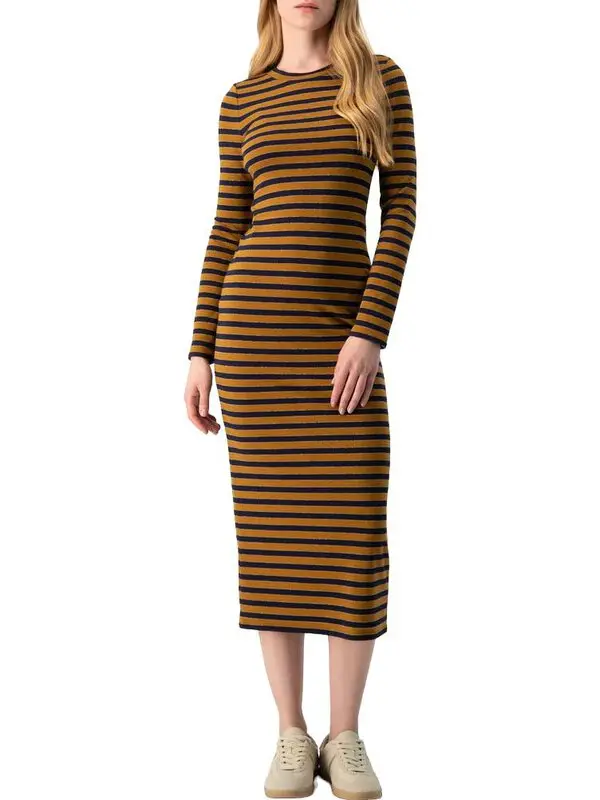 IVONNE Long Sleeve Striped Fit-and-flare Dress - Camel