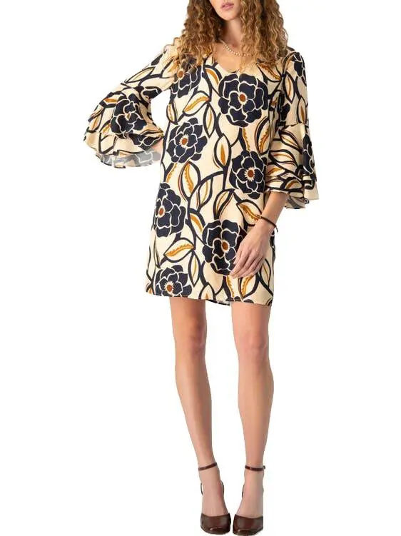 IVONNE Floral V-neck Dress With Tulip Sleeves - Light Brown