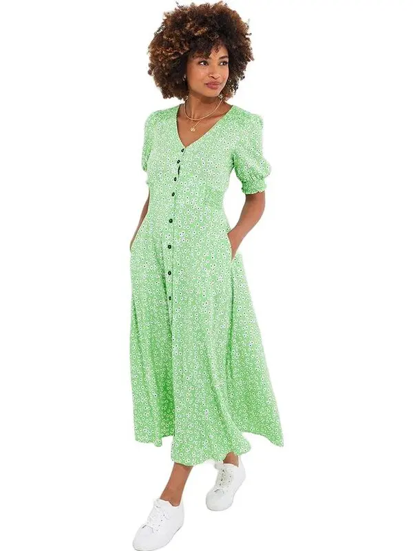 JOE BROWNS Puff Sleeve Printed Midi Dress - Green Ditsy Daisy