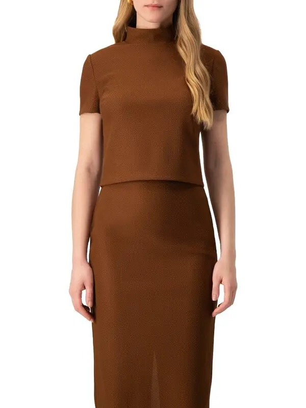 IVONNE High-neck Short-sleeve Cropped Top - Light Brown