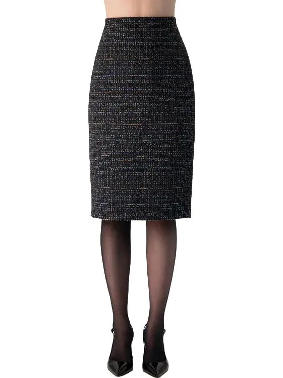 IVONNE Textured Tweed Pencil Skirt With Back Slit - Navy Blue
