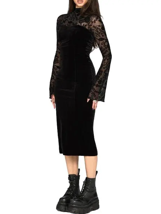 DISTURBIA Sanct Flocked Velour Bodycon Midi Dress - Black