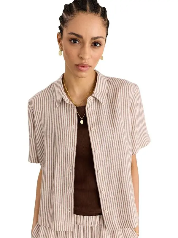Baukjen Clyde Linen Short Sleeve Shirt - Chocolate Stripe