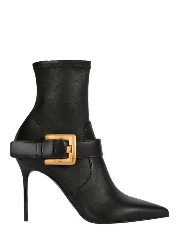 Balmain Anthem Stretch Leather Ankle Boots With Gold Buckle - Black