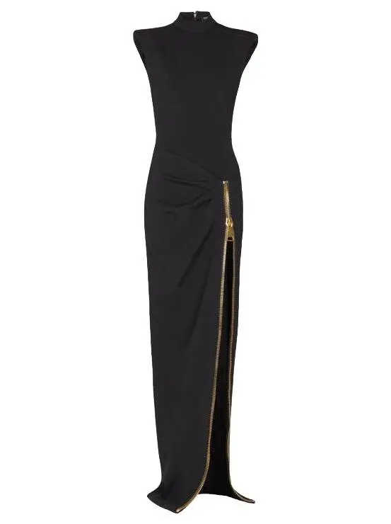 Balmain Long Jersey Dress With Gold Metal Zip Detail - Black
