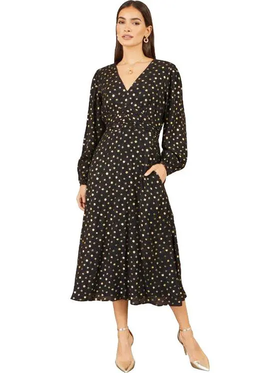 YUMI Long Sleeve Foil Print Midi Dress - Black