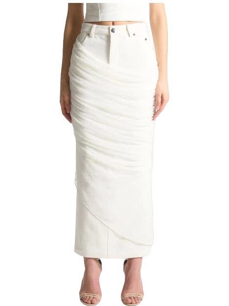 Manière De Voir Draped Mesh Denim Maxi Skirt - White