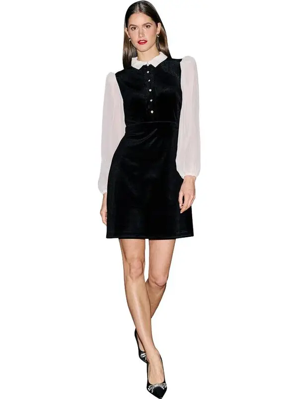 YUMI Contrast Collar Velvet Mini Dress - Black
