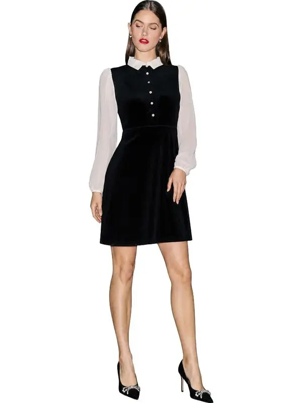 YUMI Contrast Collar Velvet Mini Dress - Black