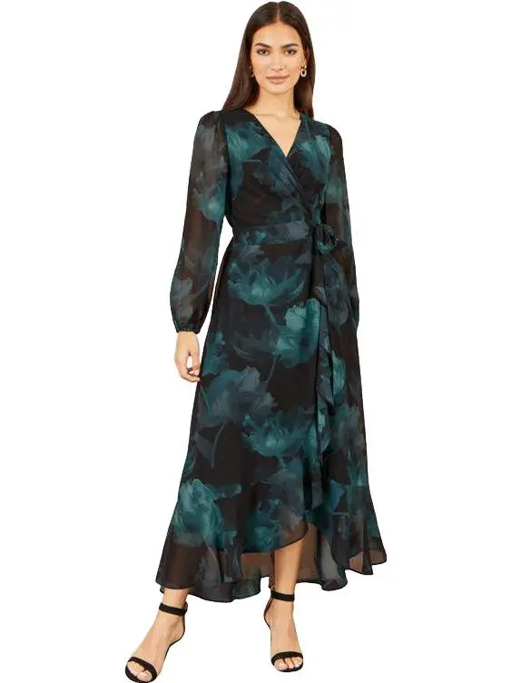 YUMI Floral Print Long Sleeve Wrap Midi Dress - Black