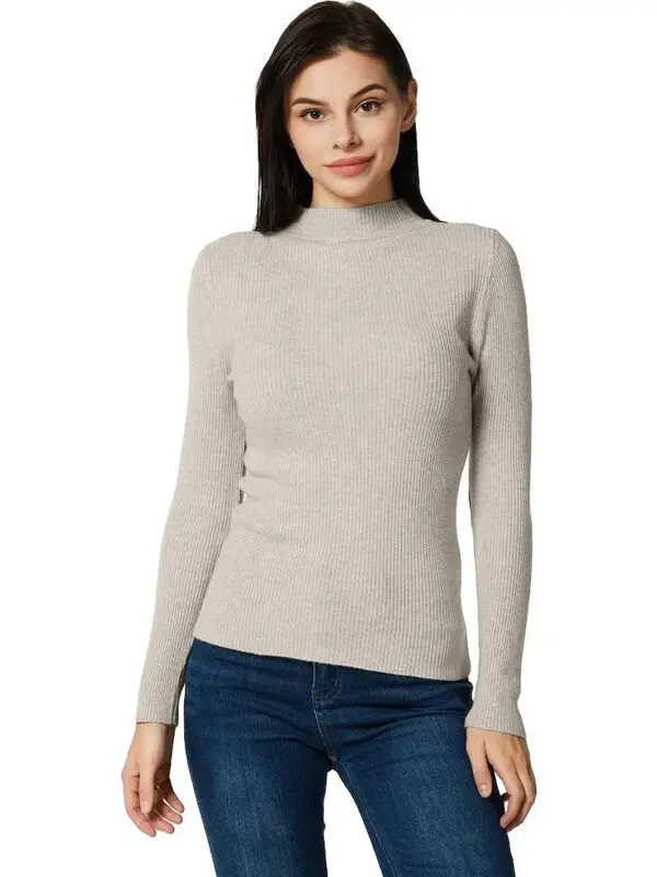 ZILPU Slim Fit Ribbed Mock Neck Sweater Top - Beige