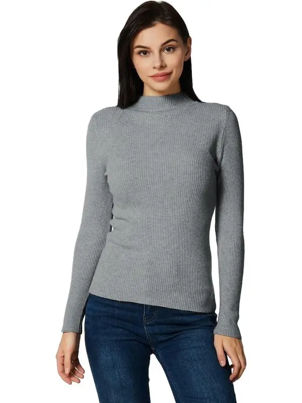 ZILPU Slim Fit Ribbed Mock Neck Sweater Top - Grey