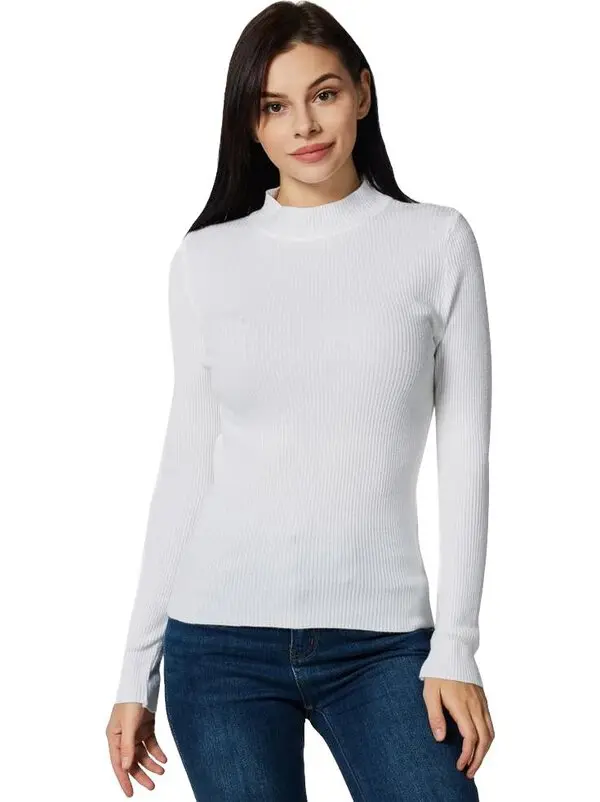 ZILPU Slim Fit Ribbed Mock Neck Sweater Top - White