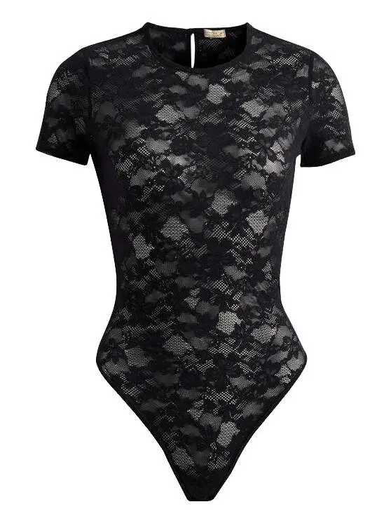 FLEUR DU MAL Short Sleeve Lace Bodysuit - Black