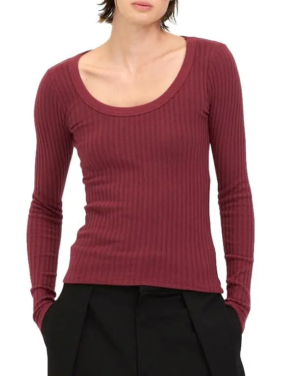 PROJECT SOCIAL T Ribbed Scoop Neck Long Sleeve Top - Dark Cherry