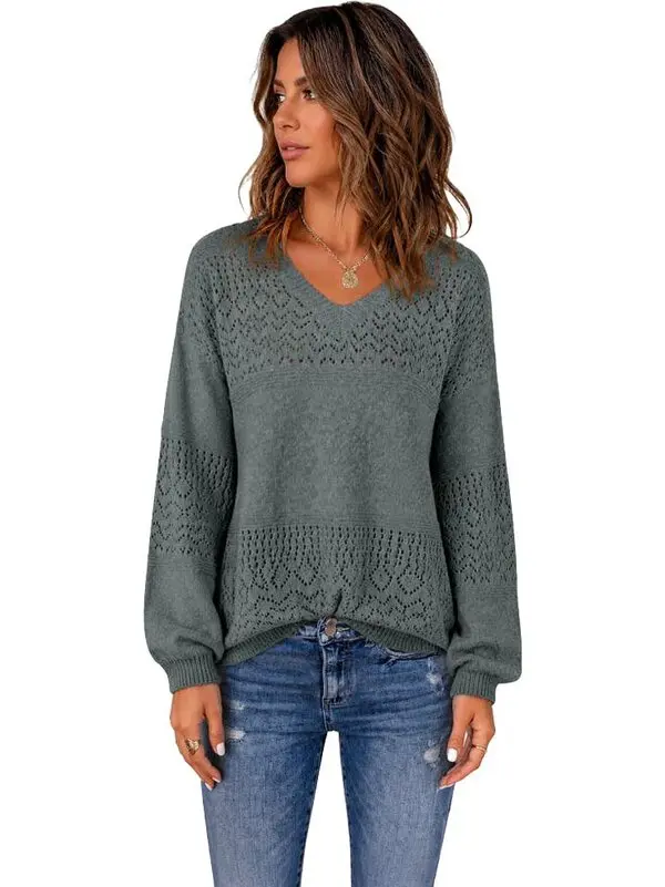 ZILPU Pointelle Knit V-neck Sweater - Mist Green