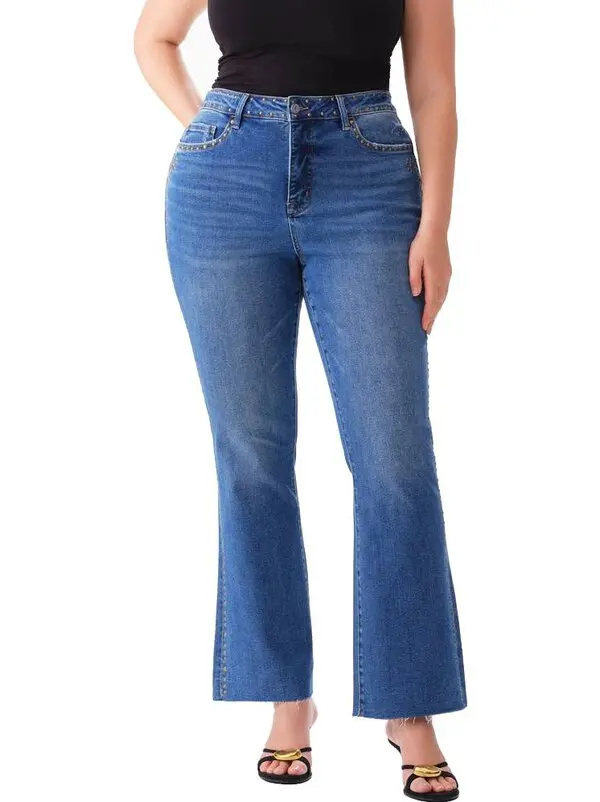 BAYEAS High Waist Bootcut Jeans With Embellished Detail - Medium Blue