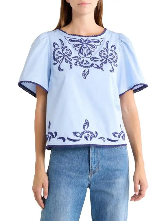 SUGARLIPS Embroidered Puff Sleeve Top - Light-blue