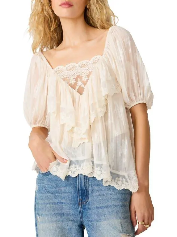 Steve Madden Vickie Lace Top With Puff Sleeves - Cream
