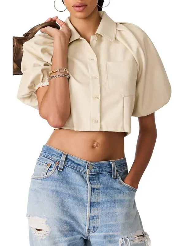 Steve Madden Reece Faux Leather Puff Sleeve Crop Shirt - Bone