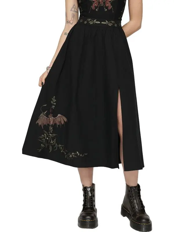 DISTURBIA Oren Bat Embroidered Midaxi Skirt - Black