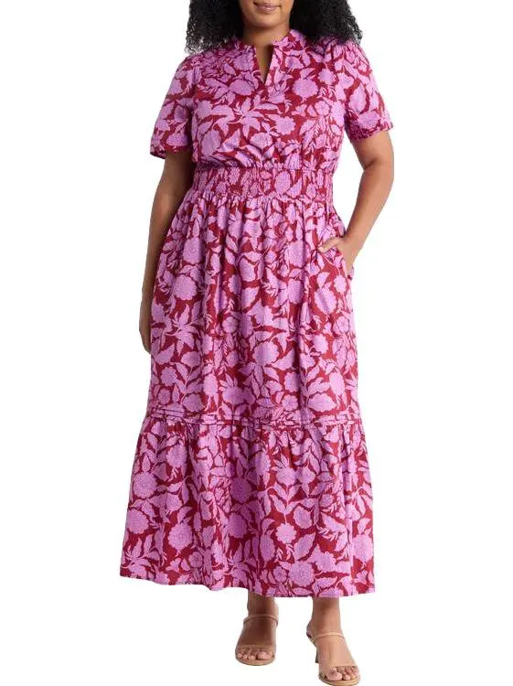 SUGARLIPS Floral Print Maxi Dress With Smocked Waist - Burgundy-pink