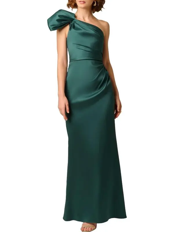 Aidan Mattox One-shoulder Mikado Gown With Draping And Pleats - Forest