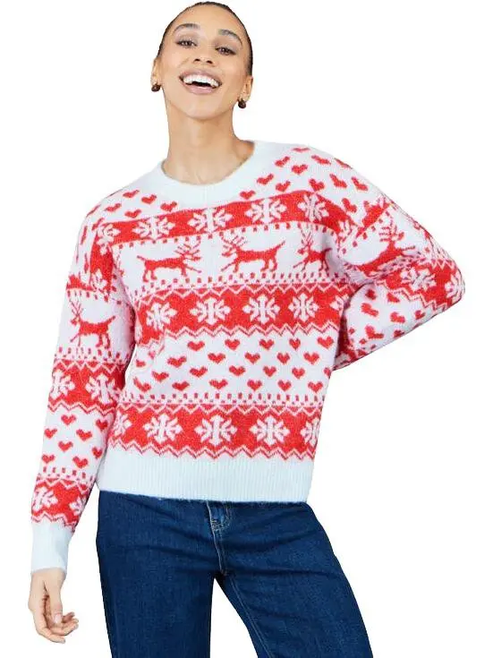 YUMI Fairisle Reindeer & Heart Christmas Jumper - Red
