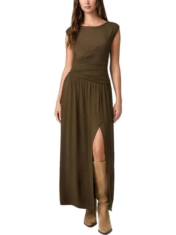 Paige Kalindi Cap Sleeve Ruched Maxi Dress With Slit - Fern