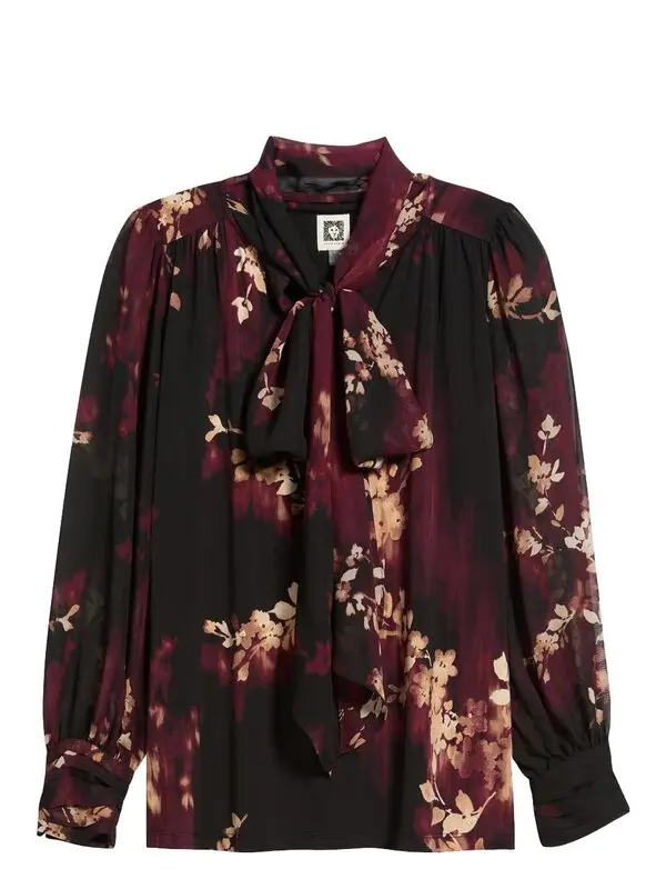 Anne Klein Mixed Media Floral Print Tie Neck Top - Anne Black Multi